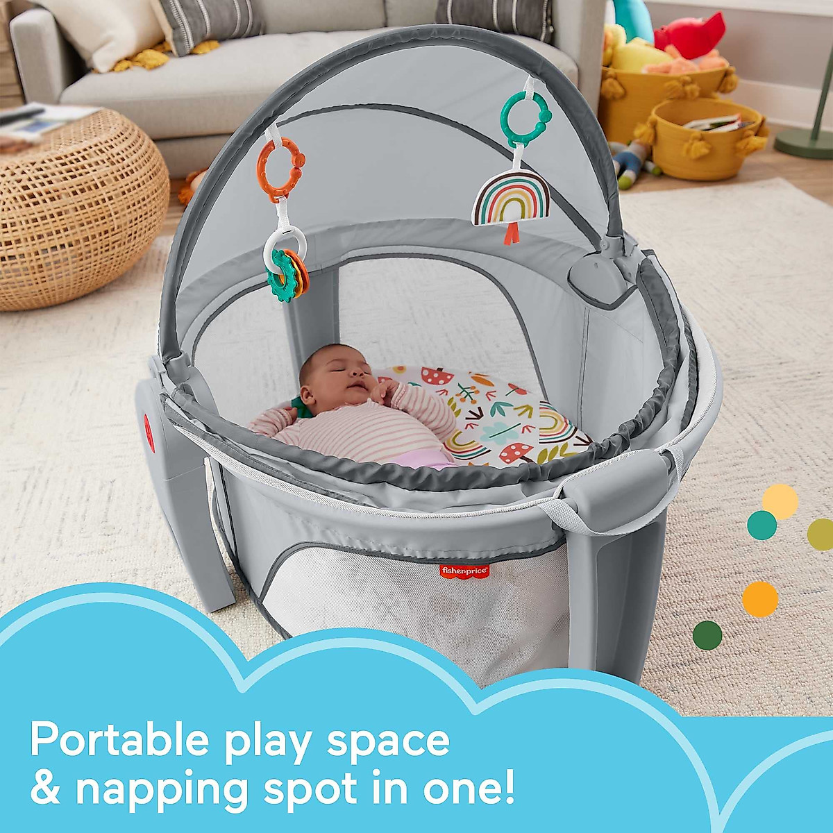Fisher-Price Portable Baby Bassinet and Travel Play Area with 2 Toys, Indoor or Outdoor Use, On-The-Go Baby Dome, Whimsical Forest, HMV24