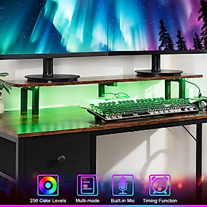 LOAKEKEL 55 Inch Desk with Drawers, Gaming Desk with LED Light & Power Outlets, Computer Desk with Monitor Stand, Writing Desk with Headphone Hook for Home Office, Bedroom, Brown, HGD14BR