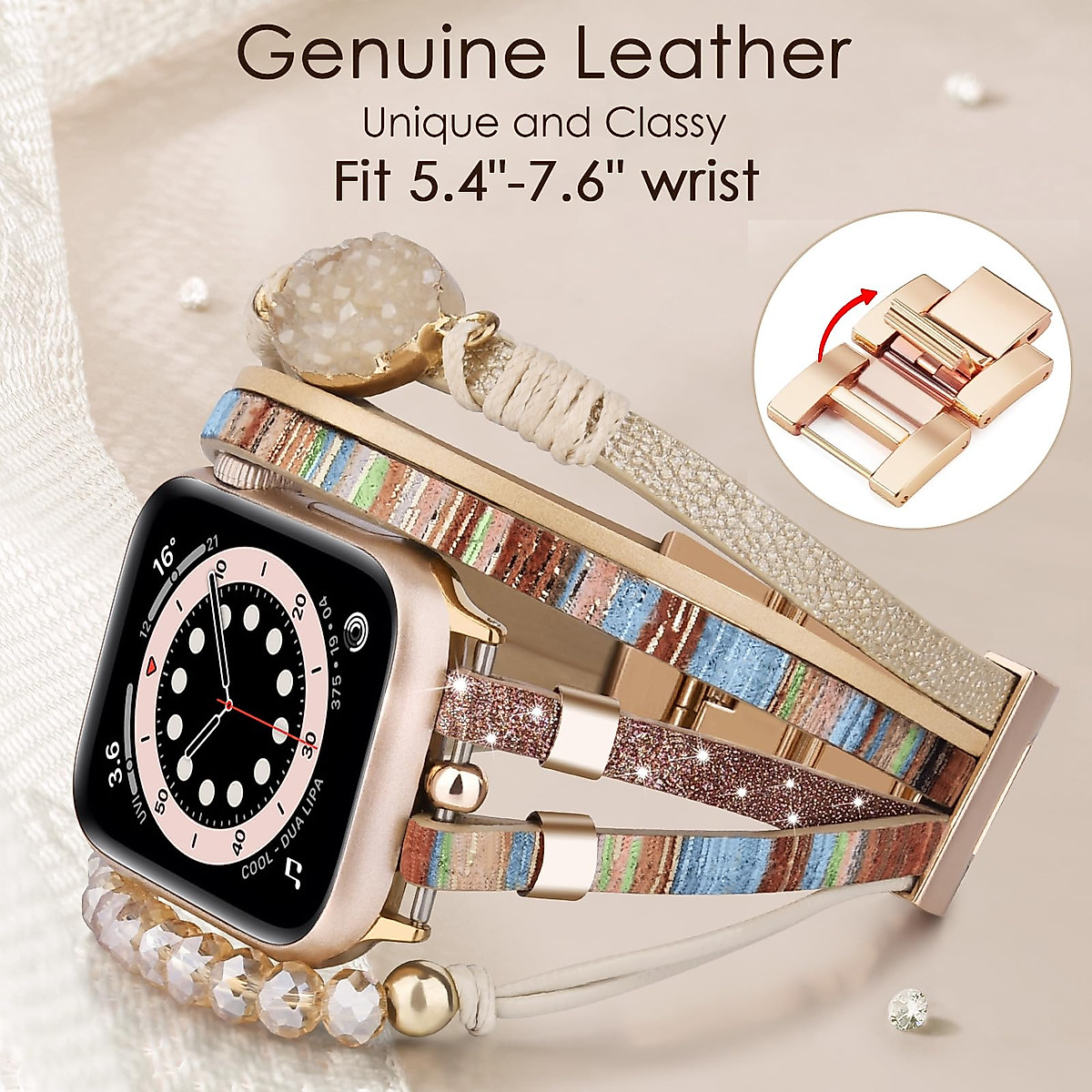 VISOOM Beaded Boho Bracelet Compatible for Apple Watch Band 40mm/38mm/41mm/42mm Series 10 9 8 7 SE Series 6/5/4 Women Leather Fashion Cute Handmade Multilayer Wrap Watch Strap for iWatch Bands 3/2/1