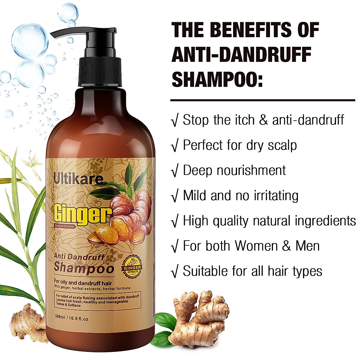 Ultikare Ginger Shampoo for Dandruff Hair, Anti-Dandruff Treatment - Itchy Dry Scalp Care Shampoo Ginger Extract Oil Strengthen Hair Formula, for Men and Women