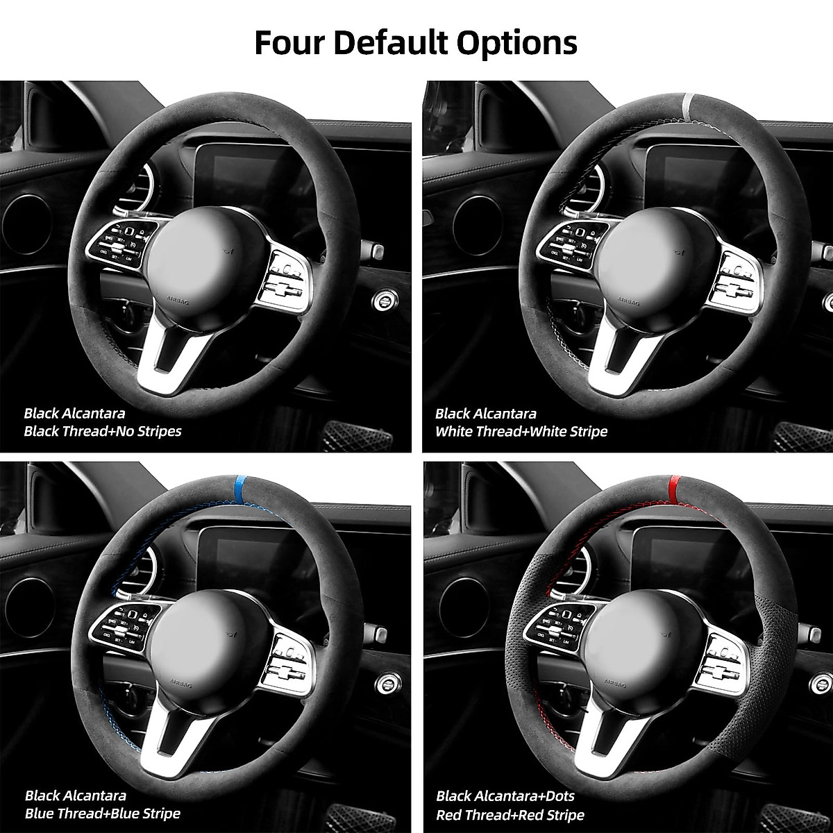 Alfanxi Hand Stitch Sewing Italy Alcantara Car Steering Wheel Cover Wrap for Mercedes-Benz CLA /GLA/GLB /GLC/GLE /GLS (Black Alcantara with Dot+Red Stripe)