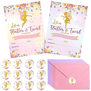 Chuangdi 24 Piece Flower Fairy Birthday Party Invitation Set with Envelope and Stickers