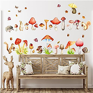 Watercolor Mushroom Wall Decals Woodland Mushroom Wall Decals Colorful Mushroom Wall Stickers Cute Cartoon Animal Wall Stickers Fall Leaf Autumn Wall Decals for Kids Room Bedroom Nursery Classroom Decor