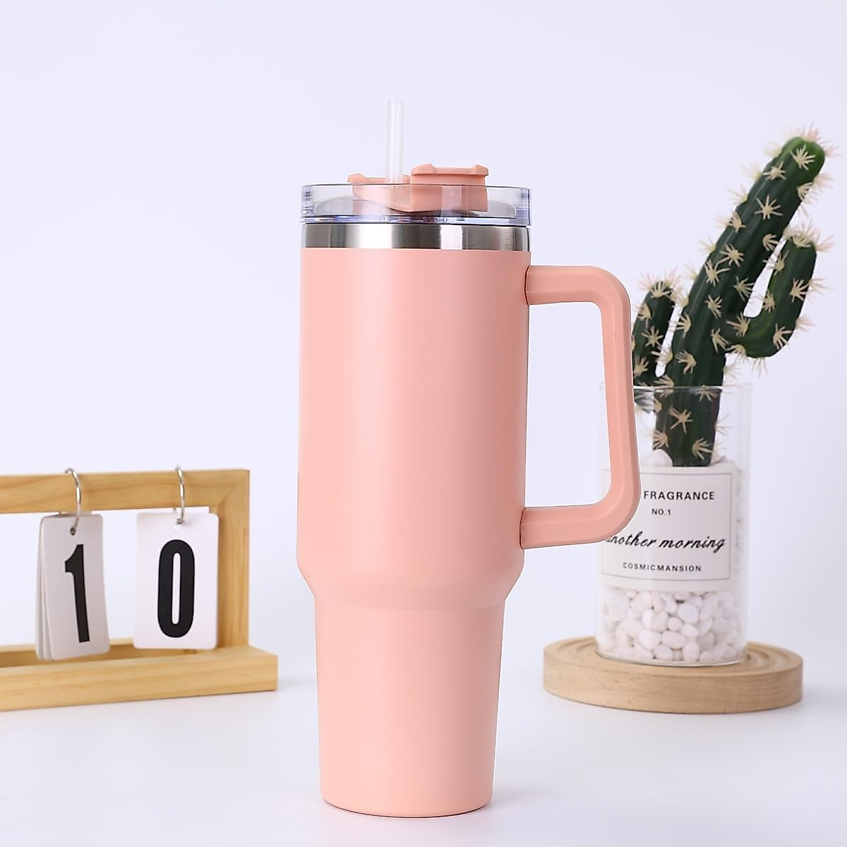 40oz Tumbler With Handle And Straw,Insulated Stainless Steel Double Wall Spill Proof Water Bottle water bottle hot and cold tumbler thermal mug Tumbler with Handle Gifts for Women Men (light pink)