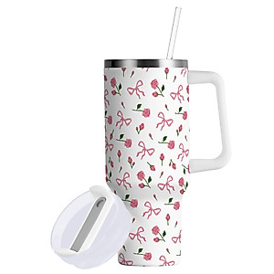 Tumbler with Handle and Straw Lid,Pink Bows Roses 40 oz Insulated Coffee Cup Stainless Steel Water Bottle Travel Mug Cupholder Friendly,Gifts for Women Men