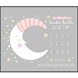 Baby Monthly Milestone Blanket Newborn Girl Pink Moon Star Smiley Hat Photo Props Shoots Backdrop Shower Gift Nursery Decor Photography Growing Infants Memory Swaddle Blanket with Headband Frame