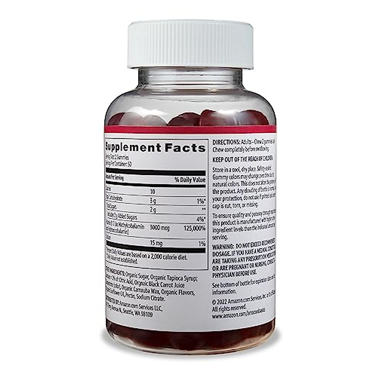 Amazon Basics Vitamin B12 3000 mcg Gummies, Normal Energy Production and Metabolism, Immune System Support, Raspberry, 100 Count (2 per serving) (Previously Solimo)