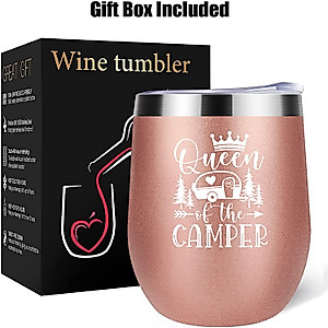 Hopedoit Camping Gifts Wine Tumbler 12OZ, Camping Gifts for Women, Camper Gifts, Gifts for Campers, Queen of The Camper, Gifts for RV Campers, Camping Gifts for Camper, Cool Gifts for Camping Lovers
