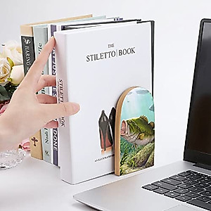 Wooden Book Ends 2 Pieces,Bass Fish Decorative Bookshelf Sturdy Book Holders for Home Office School Book Organizers 5x3.1x3.9 inches