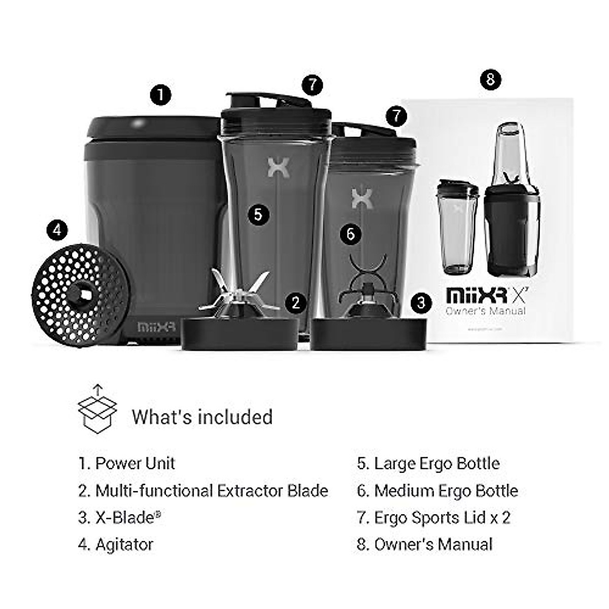 Promixx MiiXR X7 Personal Blender for Shakes and Smoothies - 8 Piece Set - with Performance Nutrition Protein Mixer X-Blade and Shaker Bottle Agitator, Smoothie Blender/Maker, Highly Efficient 700W
