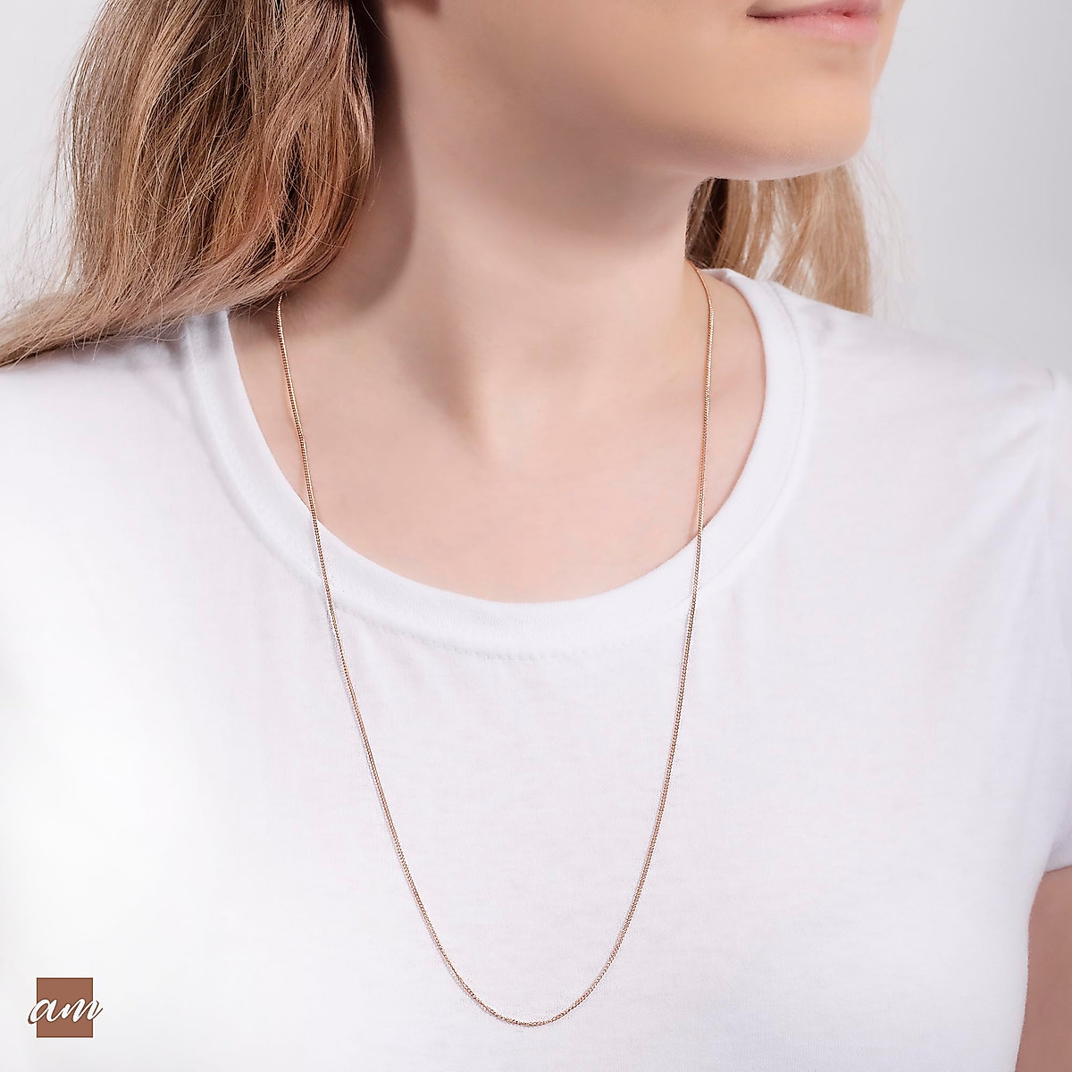 Amberta 14K Rose Gold Plated on 925 Sterling Silver 1.3 mm Curb Chain Necklace Length 28" inch / 70 cm (28)