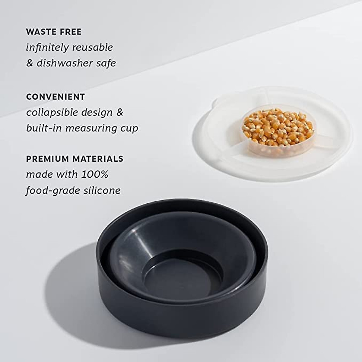 W&P Microwave Silicone Popper Maker | Black | Collapsible Bowl w/Built in Measuring, BPA, Eco-Friendly, Waste Free, 9.3 Cups of Popped Popcorn