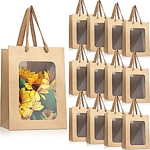 50 Pcs Paper Gift Bags with Transparent Window Kraft Shopping Bags with Handles 9.8 x 7.1 x 5.1 in Clear Gift Bags Small Transparent Window Bag for Valentine's Day Present Festival Party (Brown)