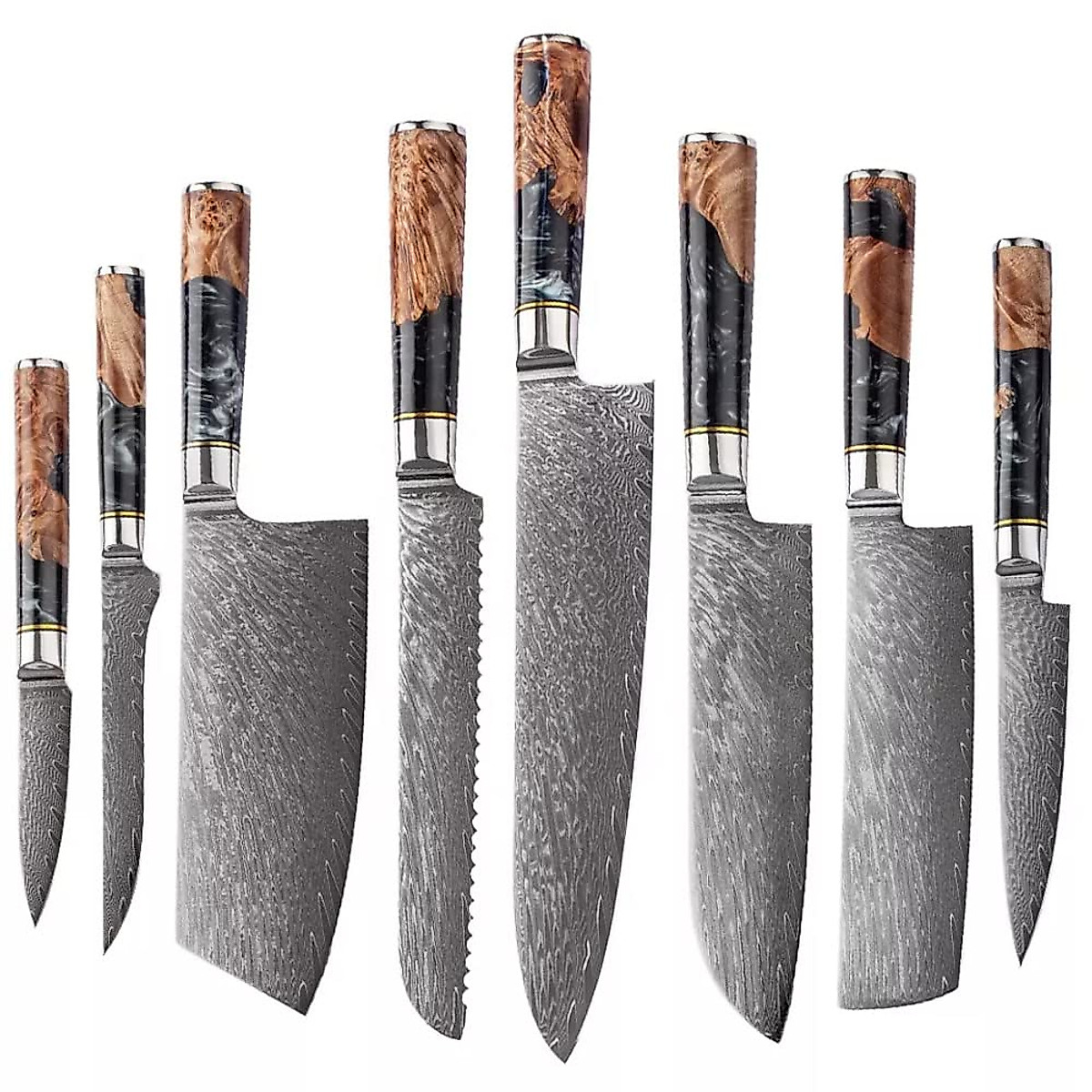 The Epicurean Cook Tidal Collection kitchen knife set with Burl Wood Resin Handles (Black Resin Handle). This 8-pc damascus chef knife set, are ideal kitchen knives set for the kitchen.
