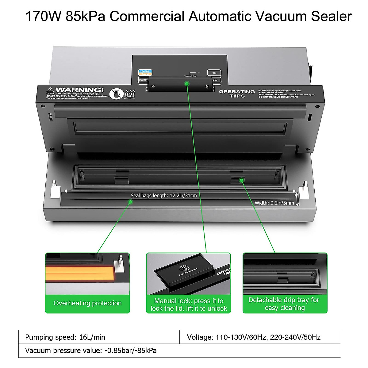 Ecojoy 12" Commercial Vacuum Sealer Machine V9100, 5 Modes Food Sealer Vacuum Continuously Uses 500+ Times Without Overheating, 85kpa Stainless Vacuum Sealer Food Sealer for Food Storage