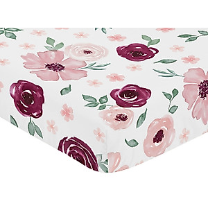 Sweet Jojo Designs Burgundy Watercolor Floral Girl Fitted Crib Sheet Baby or Toddler Bed Nursery - Blush Pink, Maroon, Wine, Rose, Green and White Shabby Chic Flower Farmhouse