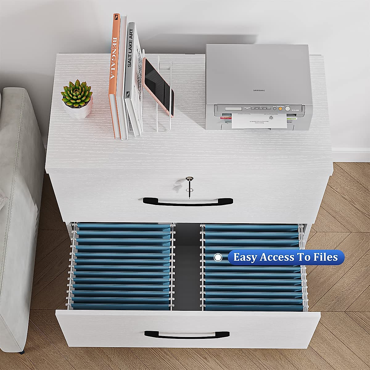 2 Drawer Wood Lateral File Cabinet with Lock, Home Office Storage Filing Cabinet with Anti-Tilt Mechanism with 8 Hanging Bars for Letter/Legal Size Heightened Drawer Side (White)