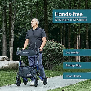 ELENKER All-Terrain Rollator Walker with Seat, Outdoor Rolling Walker, 10” Non-Pneumatic Tire Wheels Compact Folding Design for Seniors, Blue