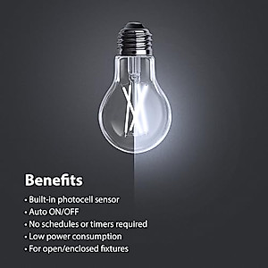 Feit Electric LED Built-in Dusk to Dawn Sensor Intellibulb - Clear Filament A19 with an E26 Medium Base Light Bulb - 60W Equivalent - 15 Year Life - 800 Lumen - 5000K Daylight
