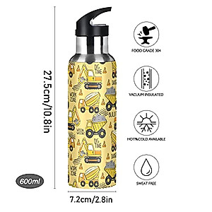 Truck Yellow Water Bottle Boys Kids Insulated Thermos Stainless Steel Hot Cold Water Flask Jug with Straw Lid for Sports Gym Running 20 oz