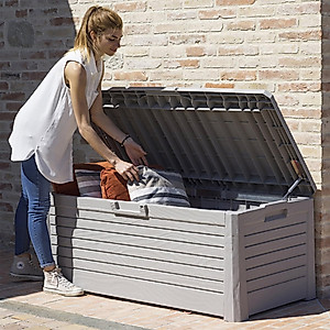 Toomax Florida 145 Gallon Lockable Deck Storage Box Bench for Outdoor Pool Patio Garden Furniture or Indoor Toy Bin Container, Warm Grey