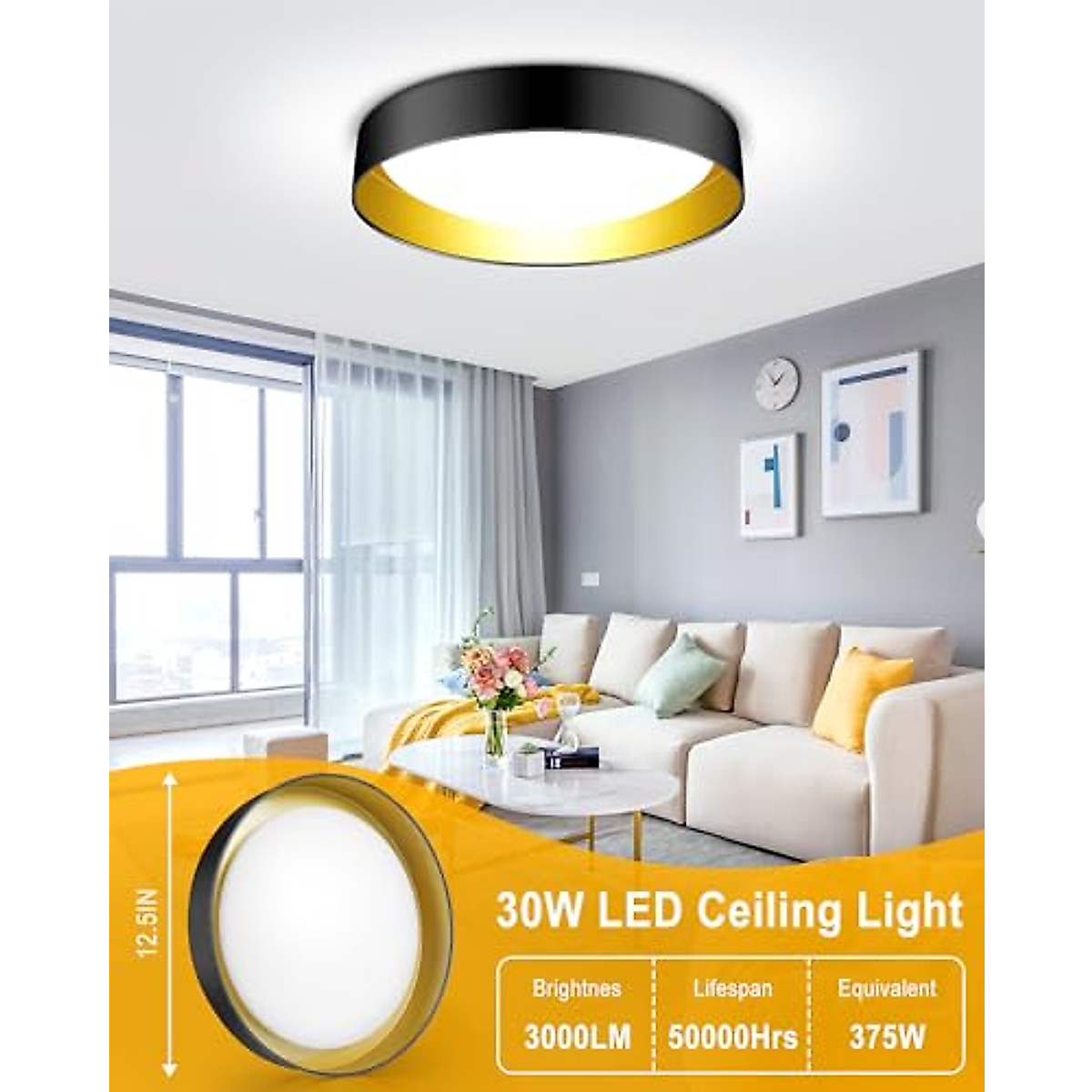 Flush Mount Ceiling Light Fixtures - 2Pack LED Ceiling Light Fixture 30W[375W Equiv] 3000LM Dimmable Bedroom Ceiling Lights, 3000K/4000K/5000K Black Ceiling Light for Bedroom Kitchen Hallway Closet