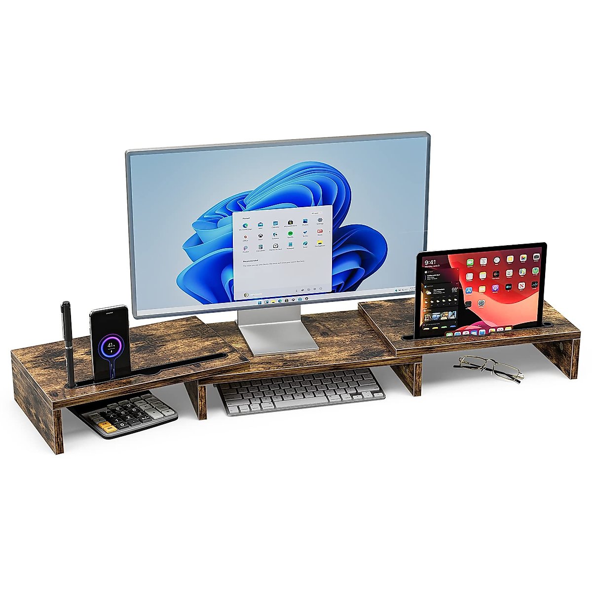 XBurmo Monitor Stand Riser, Dual Monitor Stand with slots for TV/PC/Laptop, Wood Computer Monitor Stand with adjustable Length and Angle, Rustic Brown