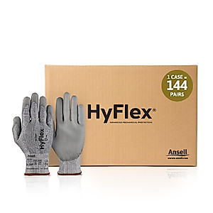 Ansell HyFlex 11-727 Ultralight Cut-Resistant Industrial Gloves w/Reinforced Palm for Machinery, Auto, Warehousing - Large, Grey (144 Pairs)