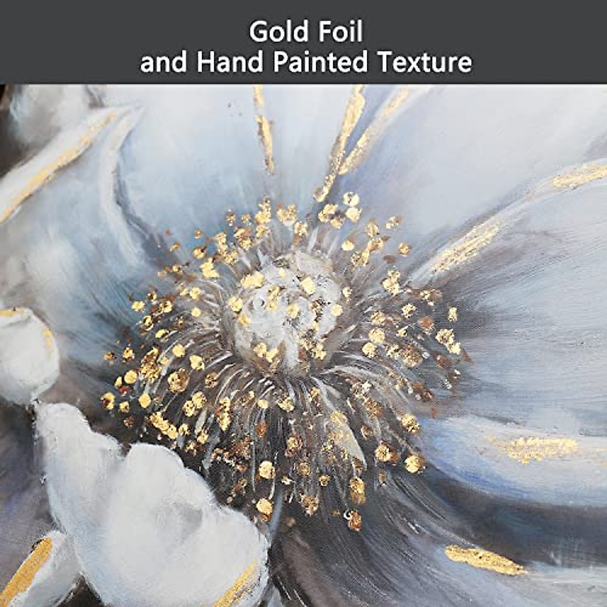 Wallpaint - Black and White Flower Wall Art with Texture and Gold Foil, Elegant Blooming Floral Picture Canvas Wall Decor for Living Room Bedroom - 30"x30"