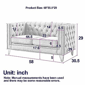 Melpomene Velvet 58" Upholstered Button Tufted Loveseat Sofa with Metal Legs, Chesterfield Sofa 2 Seat Sofa with Nailhead Trim,Grey