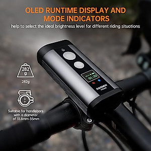 RAVEMEN PR2400 Bike Light for Mountain Biking, 2400 Lumens Bike Headlight with OLED Runtime Display, USB Output, Far Reaching High Beam, Anti-glare Low Beam, IPX8 Waterproof