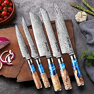 XT XITUO Damascus Steel Knife - 5 Piece Set - Tsunami Collection - 67-Layer Japanese VG10 Steel Core - Unique Blue Resin Wood Handle - Gift Box - w/knife Sheath