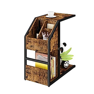 AWQM C Shaped End Table with Storage Compartment, Small Side Table for Couch, Living Room, Bedroom, Industrial Style Beside Table, Sofa Table, Snack Table, Bed Side Table