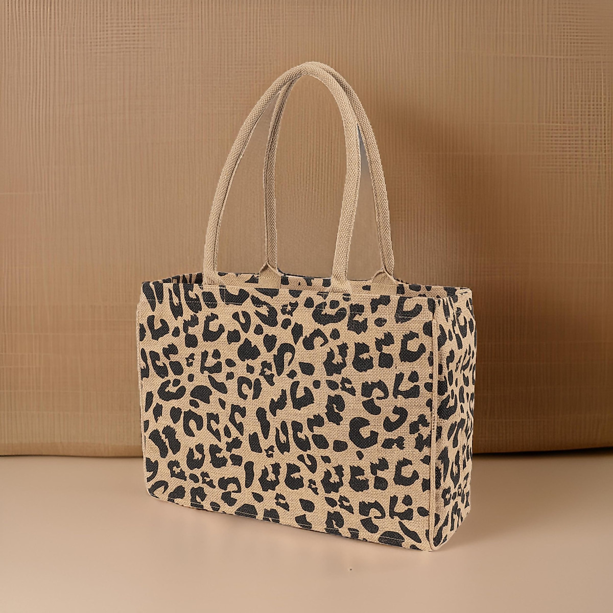 KAF Home Jute Market Tote Bag with Leopard Print, Durable Handle, Reinforced Bottom and Interior Zipper Pocket, Generous capacity, 12.5" tall x 17" wide x 7" deep