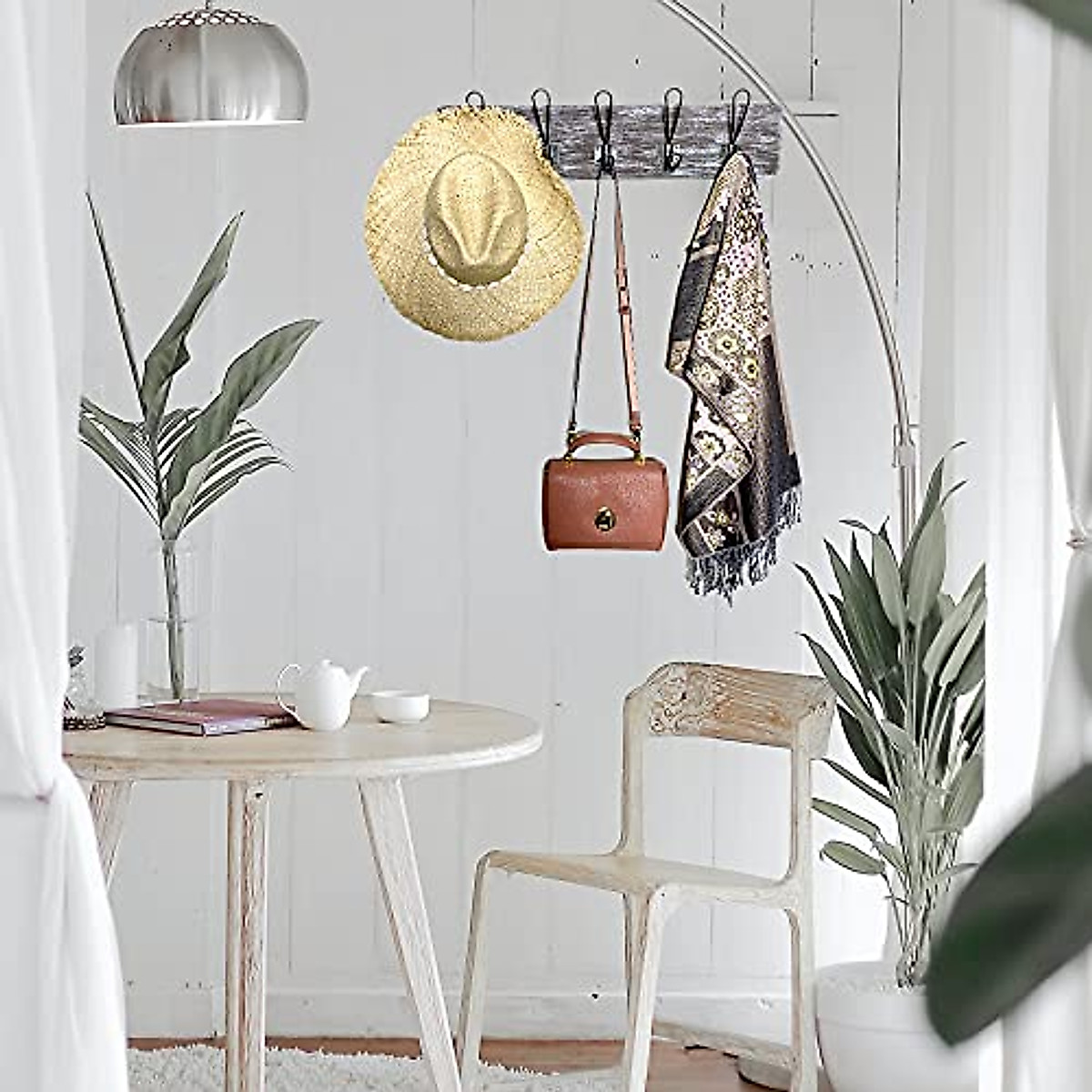 WRIGHTMART Wooden Coat Rack Wall Mounted with 5 Hanger Hook, for Porch, Kitchen, Bedroom, Hallway, Antique Farmhouse Rustic Character, Mahogany Wood, (Aged Whitewash Bronze Hook)