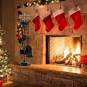 Tangkula 5 Pieces Fireplace Tools Wrought Iron Toolset 4 Tools & Decor Holder Indoor Outdoor Tong,Poker, Base, Shovel,Brush Fireplaces Hearth Accessories