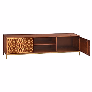 The Urban Port Kalyn 75-Inch Handcrafted TV Media Console Entertainment Center, 2 Doors, Center Shelf, Geometric Design Print, Brown Acacia Wood, Brass