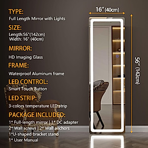 Hasipu Full Length Mirror with Lights, 56" x 16" LED Floor Mirror, Full Body Dressing Standing Mirror, Hanging Mounted Mirror for Living Room Bedroom Cloakroom, Round Black