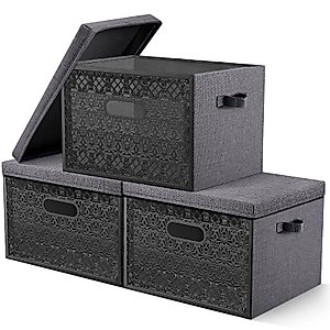 Iirios Storage Bins With Lids, 3 Pack Linen Foldable Storage Bins, Metal Clothes Storage Containers with Handles, Stackable Storage Baskets for Clothing, Blanket, Comforters, Pillows and Toys (Black)