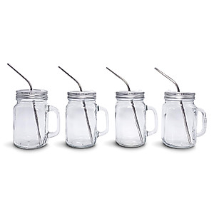 Home Suave Mason Jar Mugs with Handle Sets, Regular Mouth, Colorful Lids with Reusable Stainless Steel Straw, Kitchen GLASS 16 oz Jars & Dishwasher Safe (4, Silver)