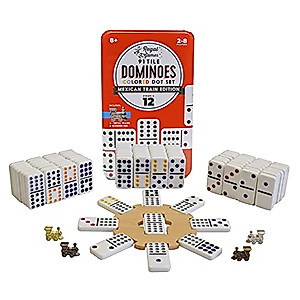 Regal Games - Premium Double 12 Mexican Train Dominoes in Collector’s Tin - Colored Dot Dominoes Game Set, Family-Friendly - 91 Tiles, 4 Metal Trains, Wooden Hub - 2-8 Players Ages 8+