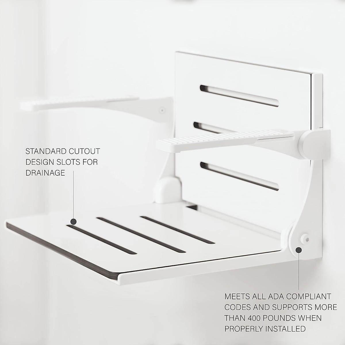 Seachrome Silhouette Comfort Folding Wall Mount Shower Bench Seat with Arms, White Seat with White Frame