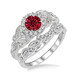 JeenJewels 1.25 Carat Ruby & Diamond Vintage Floral Bridal Set Engagement Ring on White Gold (Ruby and Diamond Wedding Ring Set for Women)
