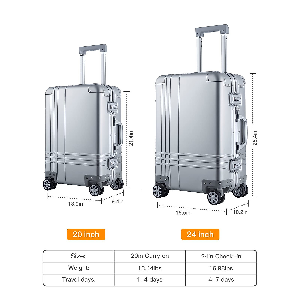 Bamboo Wolf 24-inch Aluminum-Magnesium Alloy Carry-on Luggage Hardside Suitcase, Built-In TSA Lock, Zipperless Fashion with Spinner Wheels for Travel / Business, Silver
