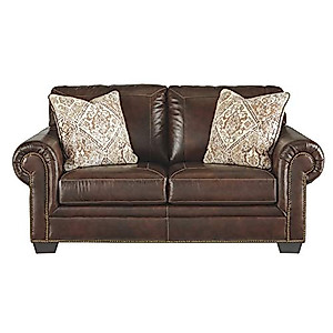 Signature Design by Ashley Roleson Traditional Leather Loveseat with Nailhead Trim and 2 Accent Pillows, Brown