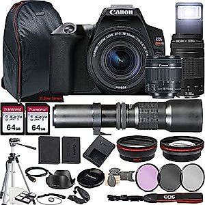 Canon EOS Rebel SL3 DSLR Camera w/EF-S 18-55mm F/4-5.6 Zoom is STM Lens + EF 75-300mm f/4-5.6 III Lens + 500mm f/8 Focus Lens + 2X 64GB Memory + Case + Filters + Tripod + More (35pc Bundle)