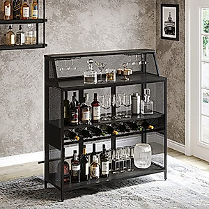 REHOOPEX Home Bar, 4 Tier Industrial 51in Bar Cabinet, Farmhouse Liquor Cabinet with Footrest, Wood Bar Cabinet Wine Storage Shelf, Metal Buffet Cabinet for Home, Kitchen, Pub (Black)