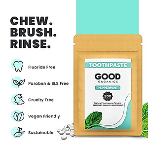 Good Organics - Toothpaste Tablets, Natural Toothpaste Tabs to Remove Plaque & Whiten Teeth, Zero Waste Toothpaste with Xylitol, Travel Toothpaste, Fluoride-Free, Minty Flavor, 200 Counts
