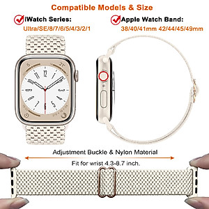 3 Pack Stretchy Solo Loop Band Compatible with Apple Watch Band 42mm 44mm 45mm 49mm for Women Men, Adjustable Sport Elastic Nylon Strap for iWatch Series Ultra/SE/8/7/6/5/4/3/2/1, Starlight/Brown/Bk