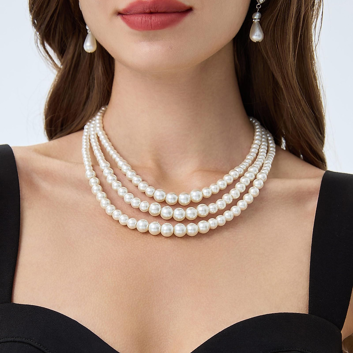 BABEYOND Round Imitation Pearl Necklace Vintage Multi Strands Choker Necklace 20s Flapper Necklace for Party (Style2)
